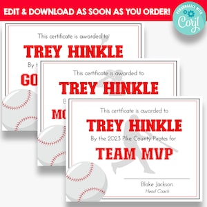 EDITABLE Baseball Award Certificates | Printable Baseball Awards ...
