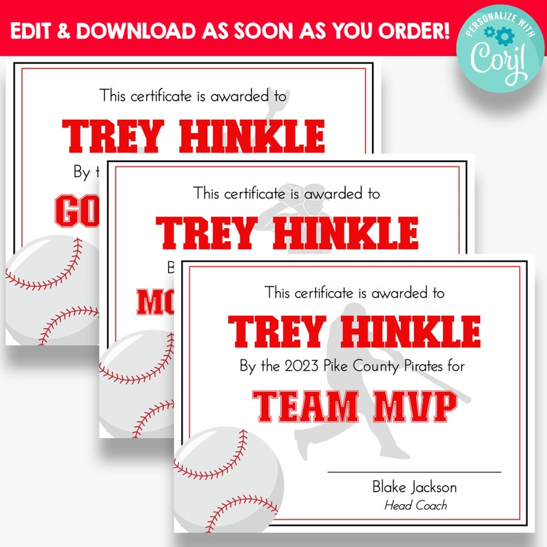 EDITABLE Baseball Award Certificates Printable Baseball - Etsy