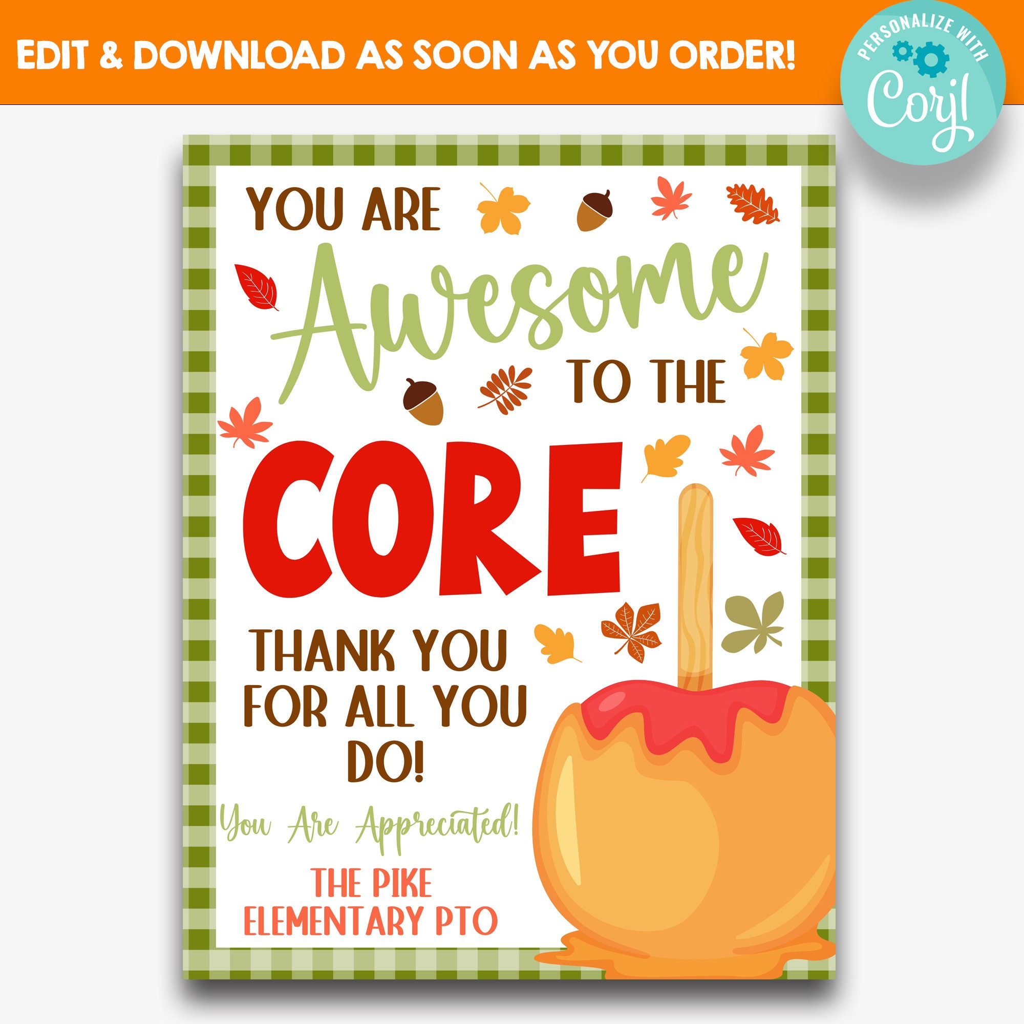 EDITABLE You Are Awesome to the Core Caramel Apple Appreciation Table ...