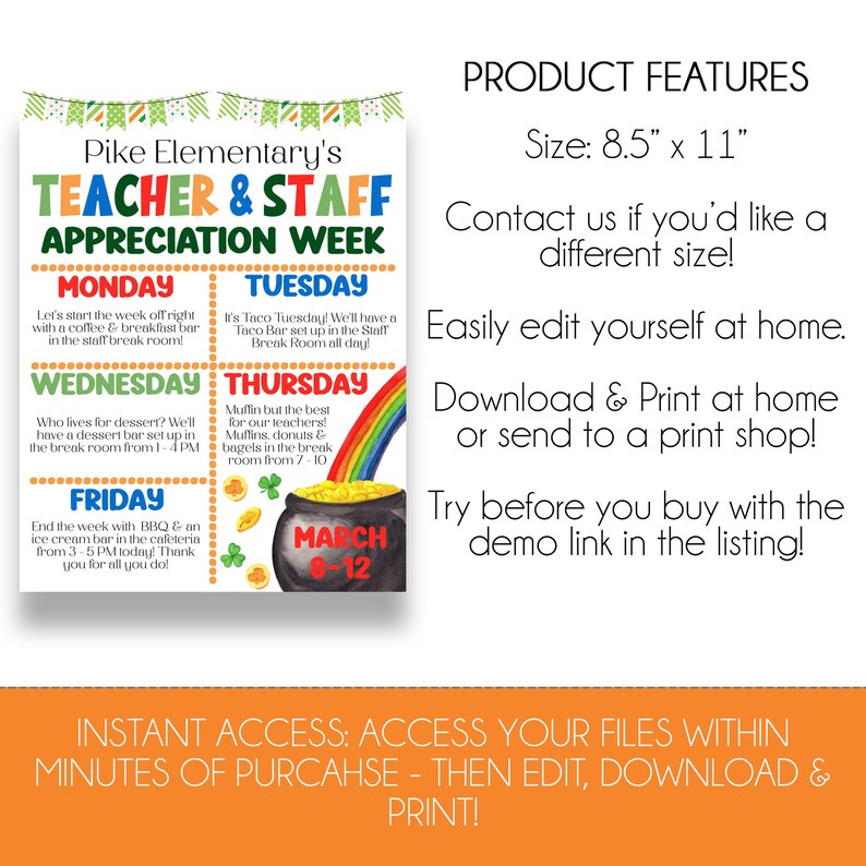 EDITABLE St. Patrick's Themed Teacher Appreciation Week Itinerary ...