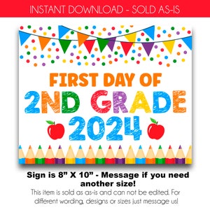 Bright First Day of 2nd Grade 2024 Sign Printable Kids Back to School ...