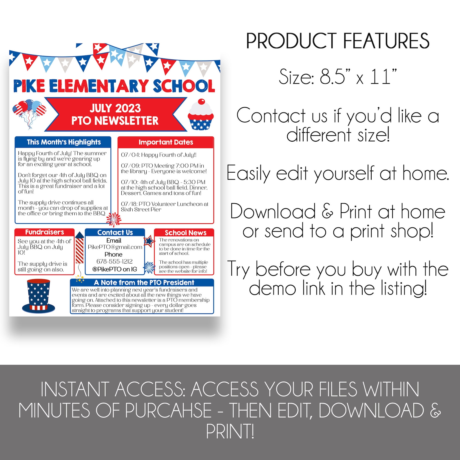 EDITABLE PTO School Newsletter July PTA Newsletter Template - Etsy