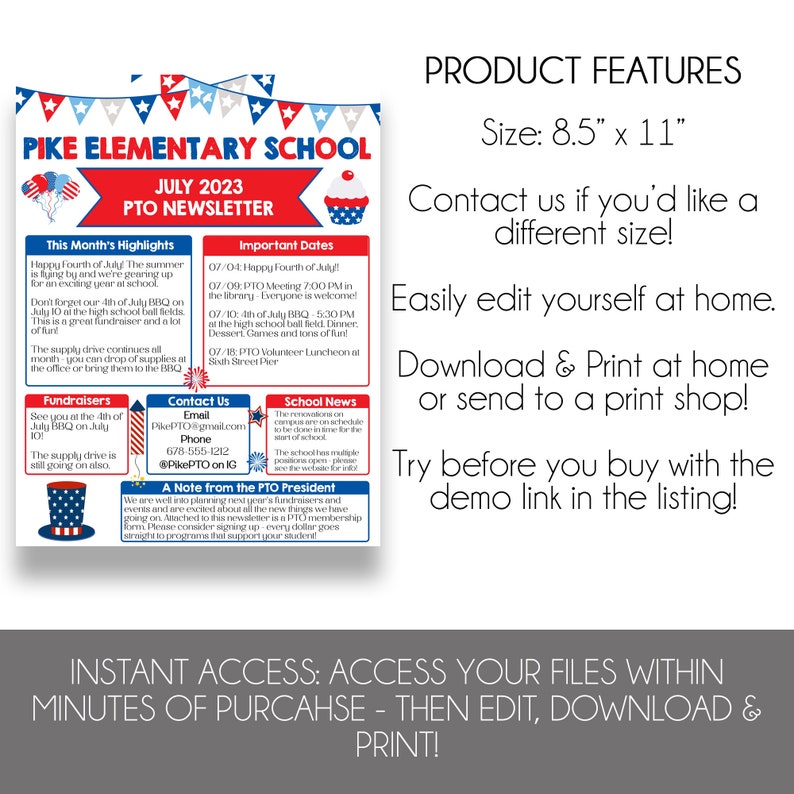 EDITABLE PTO School Newsletter July PTA Newsletter Template - Etsy