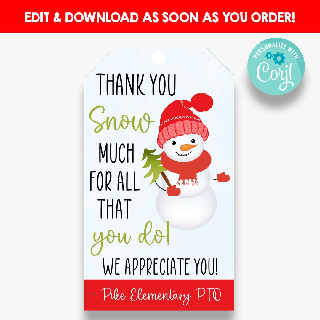 EDITABLE Thank You Snow Much Favor Tags | Christmas Snowman Gift Tags ...