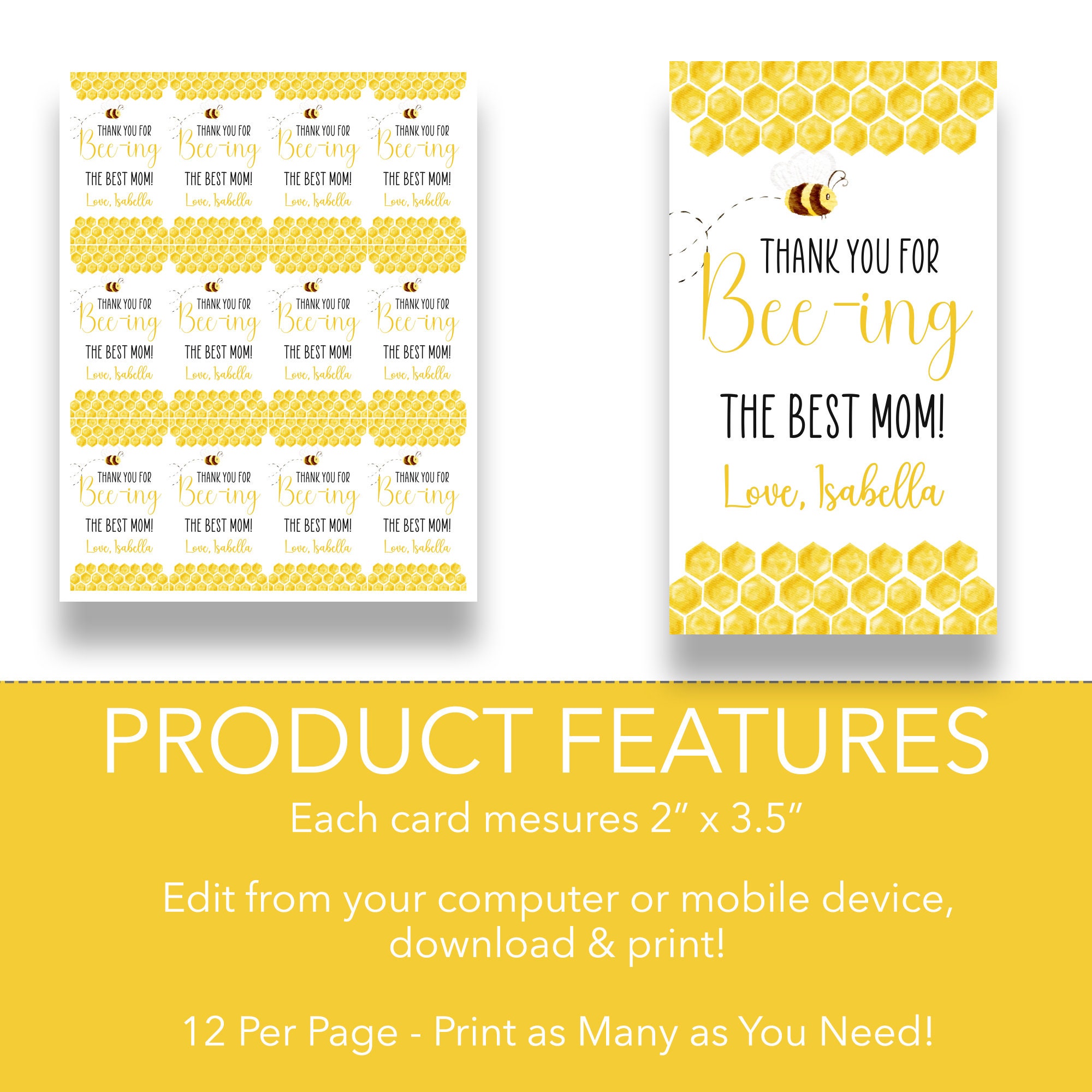 EDITABLE Thank You for Bee-ing the Best Mom Gift Tags Honey Bee Mother ...