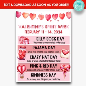 EDITABLE Valentine's Day Spirit Week Itinerary | Valentine Spirit Week ...
