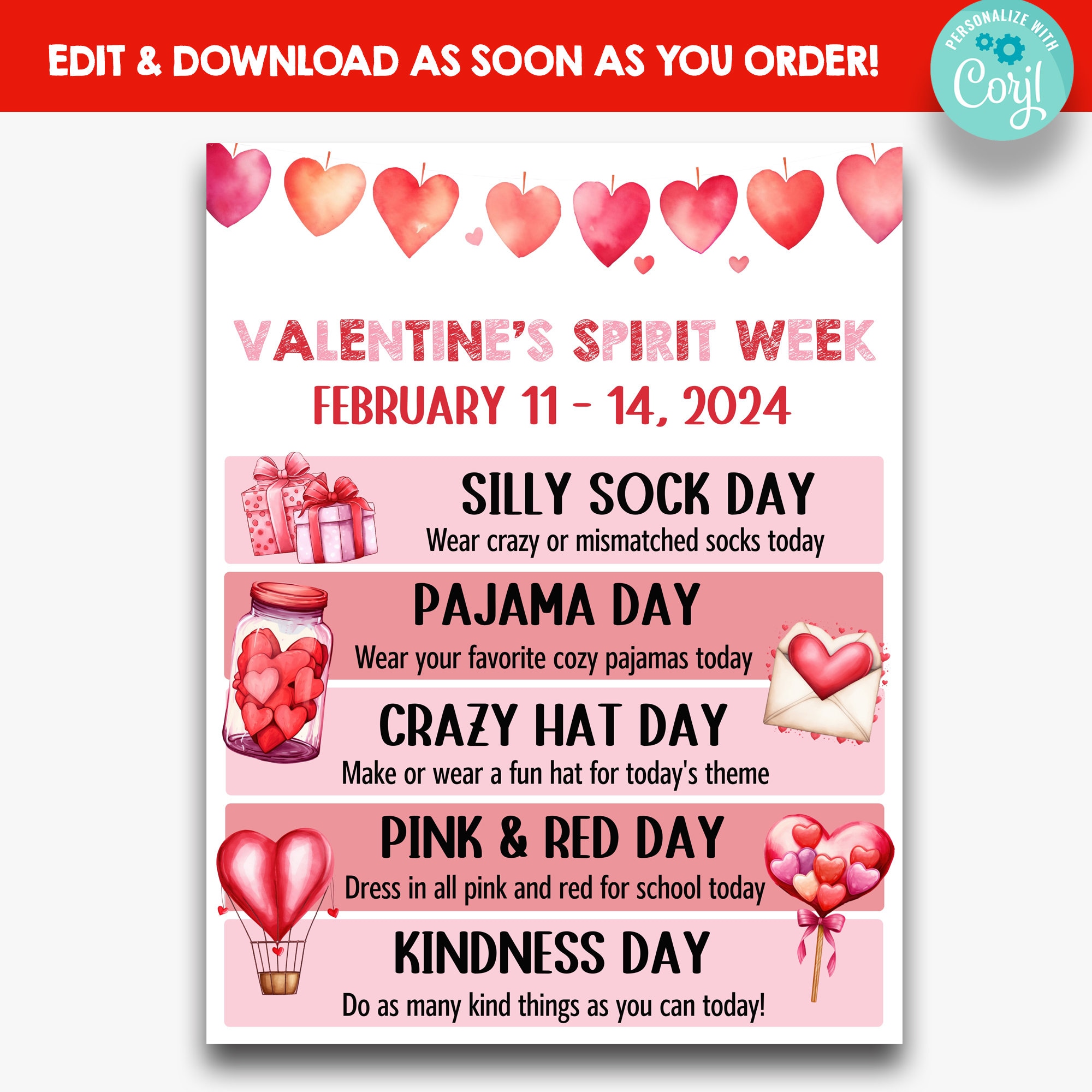EDITABLE Valentine's Day Spirit Week Itinerary | Valentine Spirit Week ...