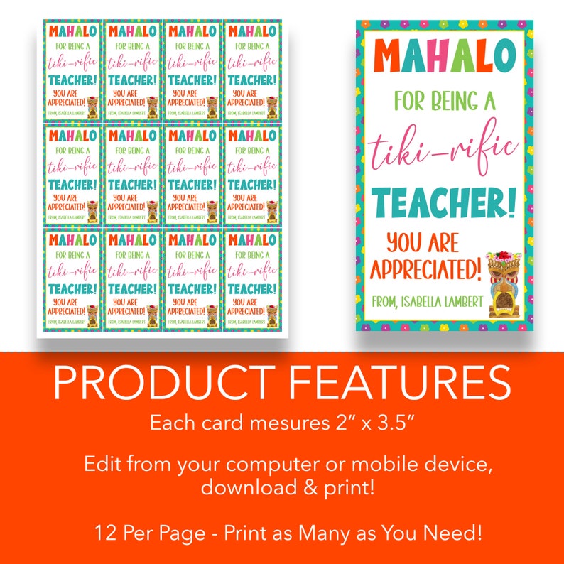 EDITABLE Mahalo for Being a Tiki-rific Teacher Rectangle Gift Tag ...