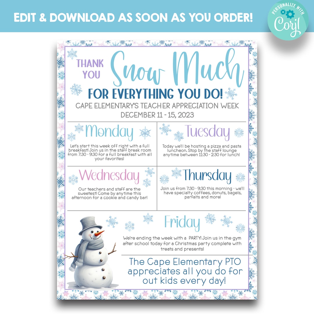 EDITABLE Thank You Snow Much Teacher Appreciation Week Flyer | Snowman ...