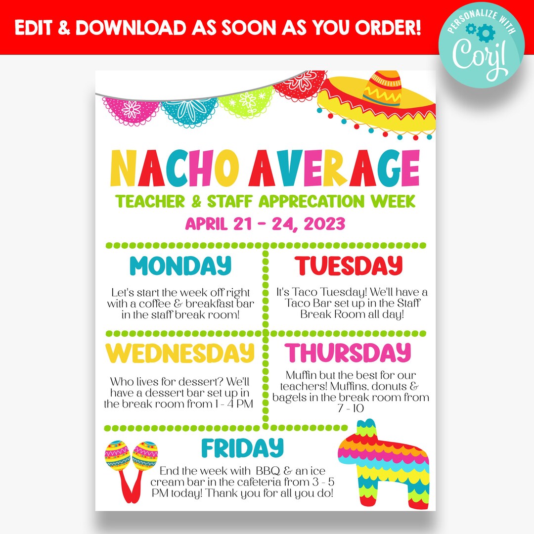 EDITABLE Nacho Themed Teacher Appreciation Week Itinerary Nacho Average ...
