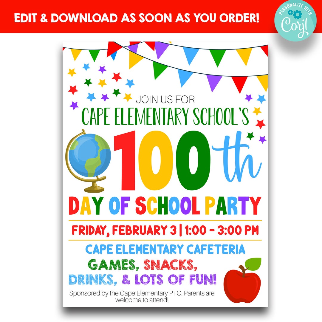 EDITABLE 100th Day of School Party Flyer | School Party Invitation ...