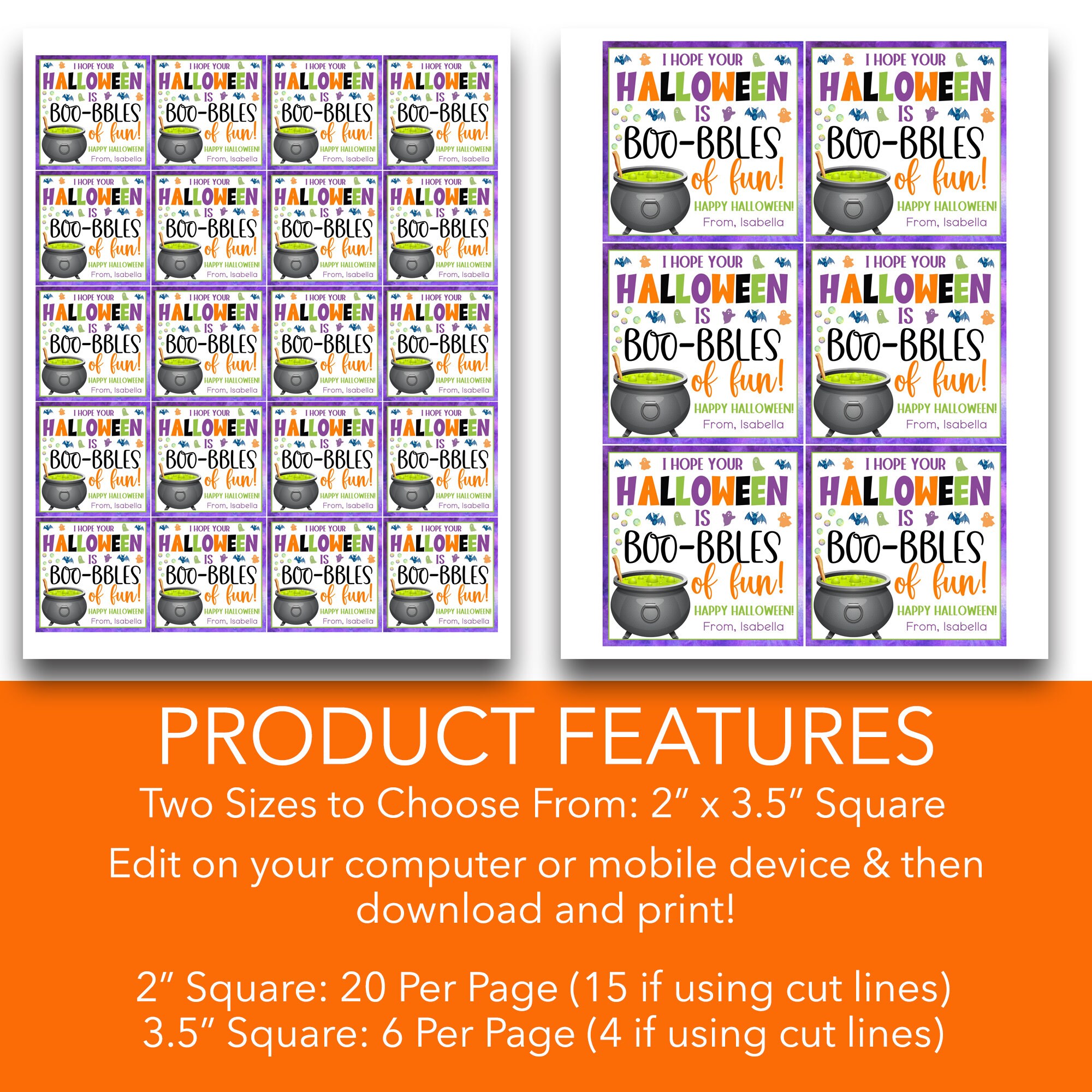 EDITABLE Hope Your Halloween is Boo-bbles of Fun Square Treat Bag Tags ...