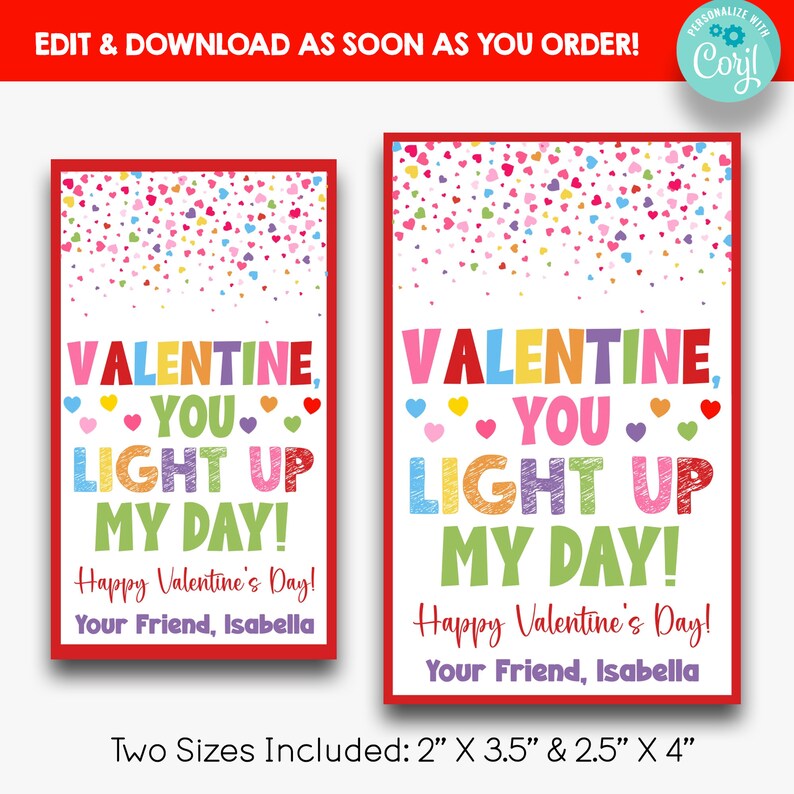 EDITABLE You Light up My Day Kid's Valentine's Day Treat Tags | Glow ...