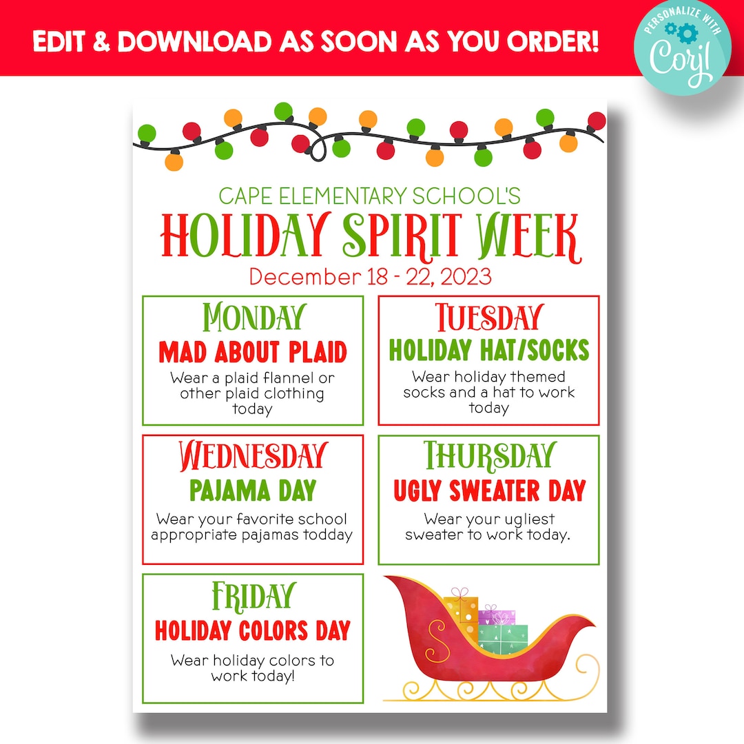 EDITABLE Holiday Spirit Week Itinerary | Christmas Spirit Week Flyer ...