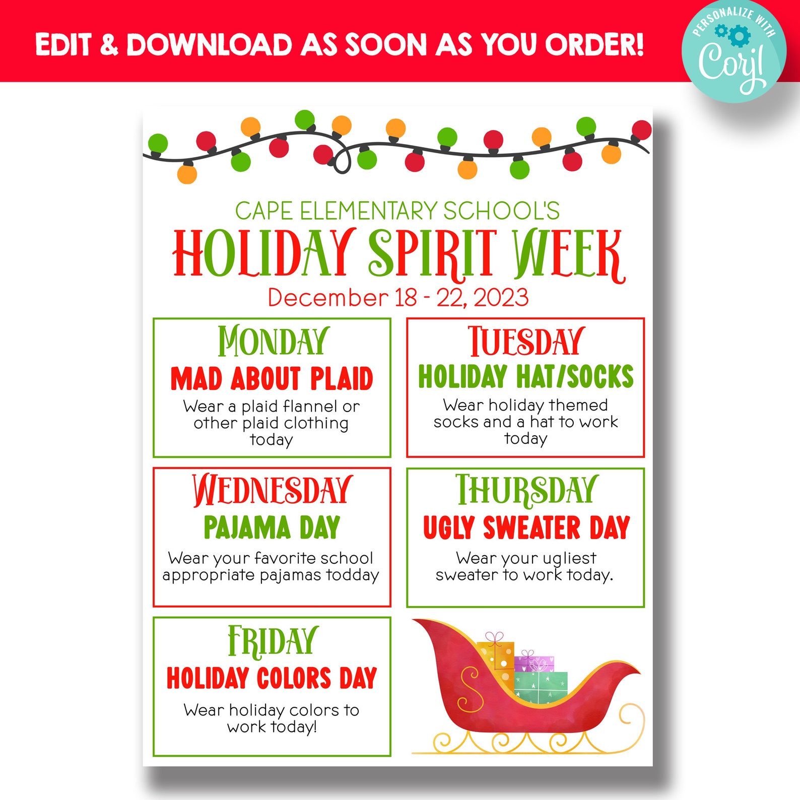 EDITABLE Holiday Spirit Week Itinerary | Christmas Spirit Week Flyer ...