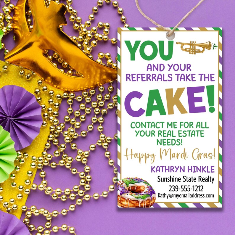 EDITABLE Mardi Gras Referral Marketing Tags | You & Your Referrals Take ...