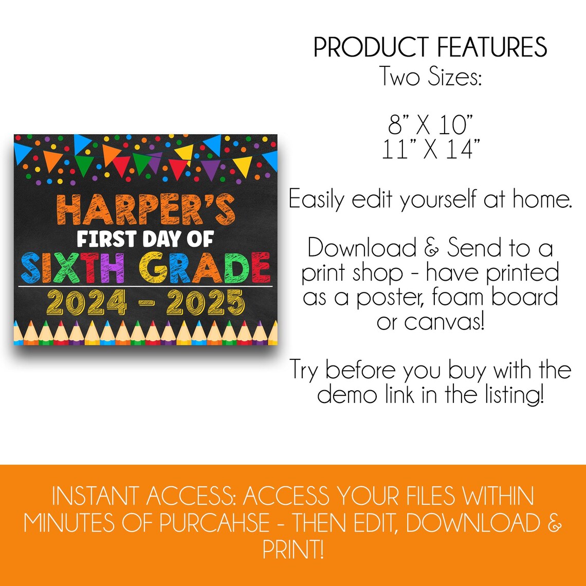 Editable Personalized First Day of Sixth Grade Grade Sign | Bright ...
