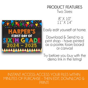 Editable Personalized First Day of Sixth Grade Grade Sign | Bright ...