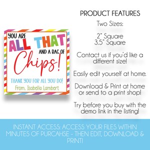 EDITABLE You Are All That & a Bag of Chips Square Gift Tags | Chip ...
