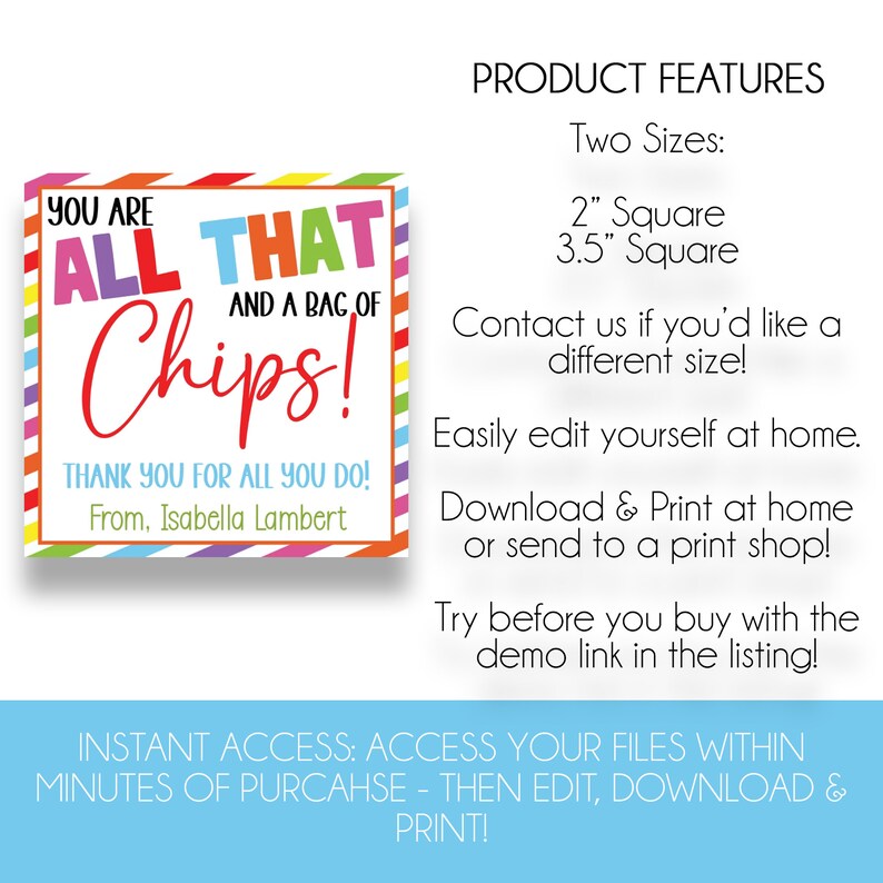 EDITABLE You Are All That & a Bag of Chips Square Gift Tags - Etsy