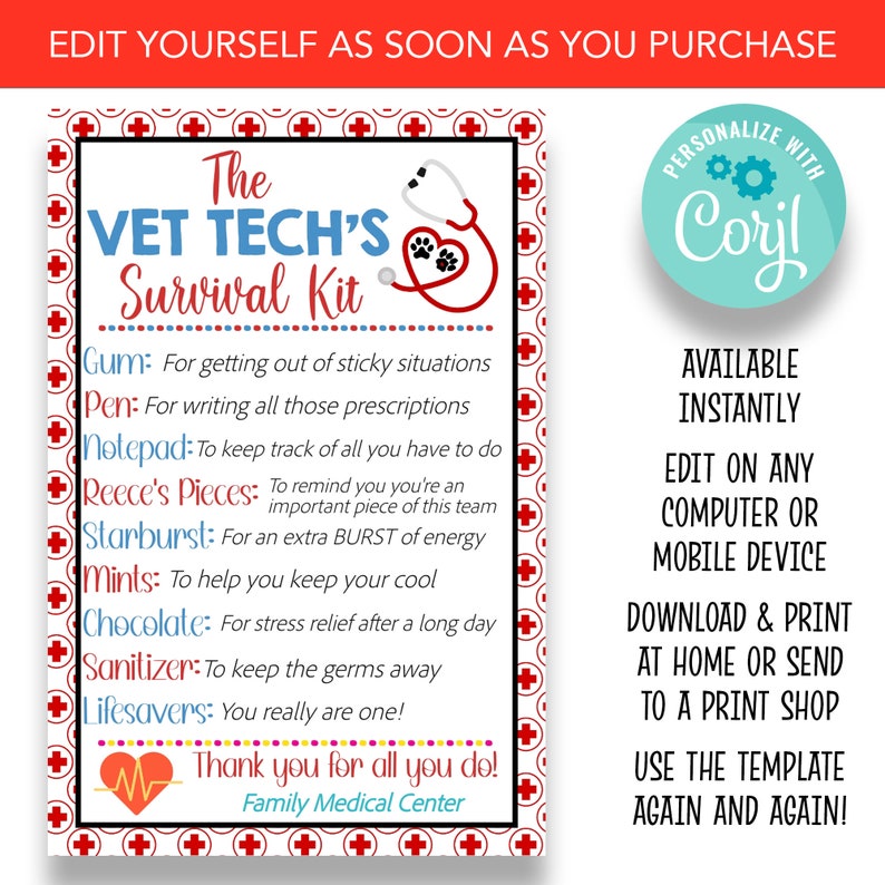 EDITABLE Vet Tech's Survival Kit Gift Tag | Vet Tech Thank You Gift Tag ...