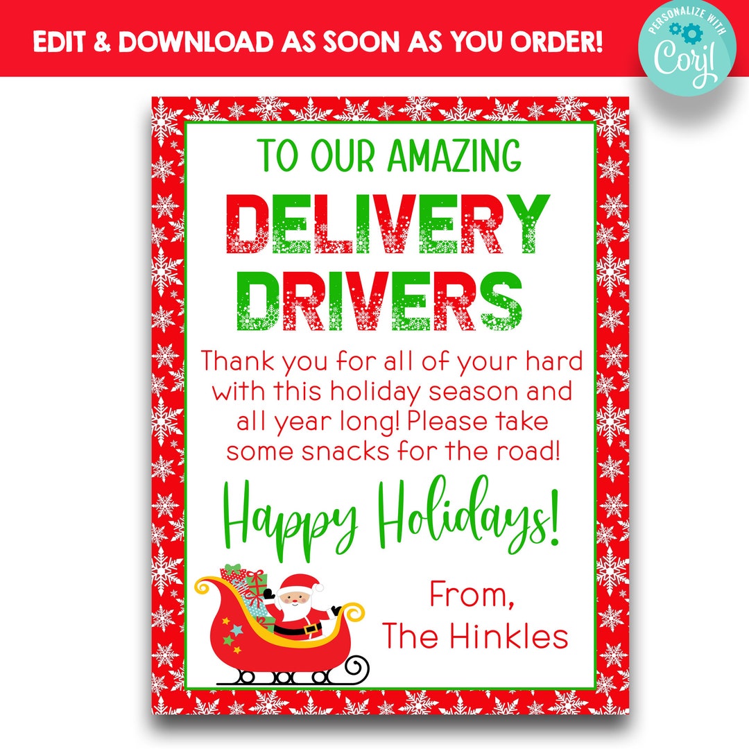 EDITABLE Delivery Driver Christmas Thank You Sign Holiday - Etsy