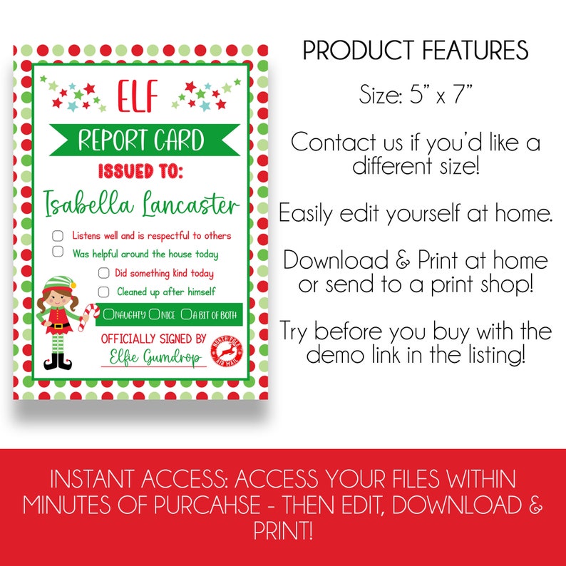 EDITABLE Girl Elf Report Card | Printable Elf Report Card | Kid's ...