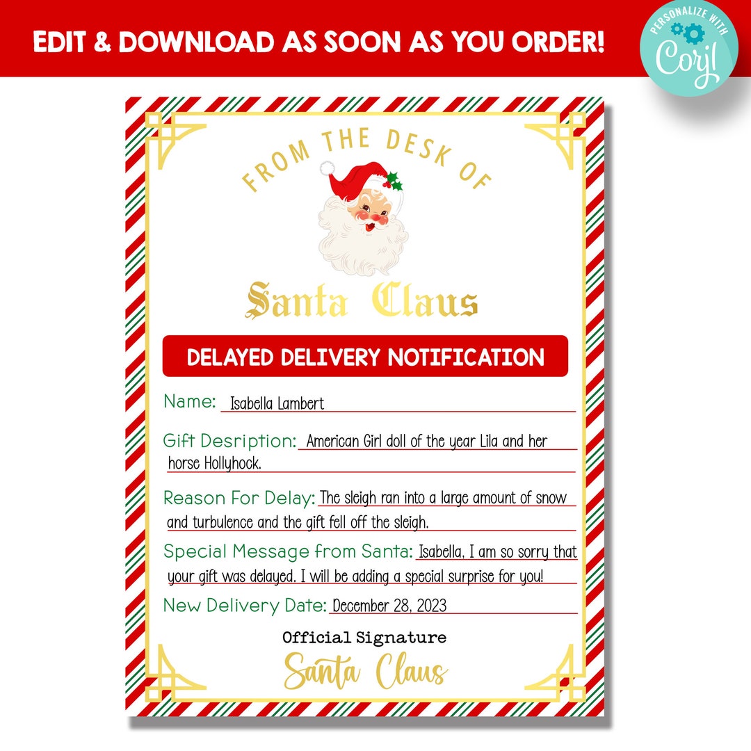 EDITABLE Delayed Christmas Gift Letter Christmas Delivery Delay Notice ...