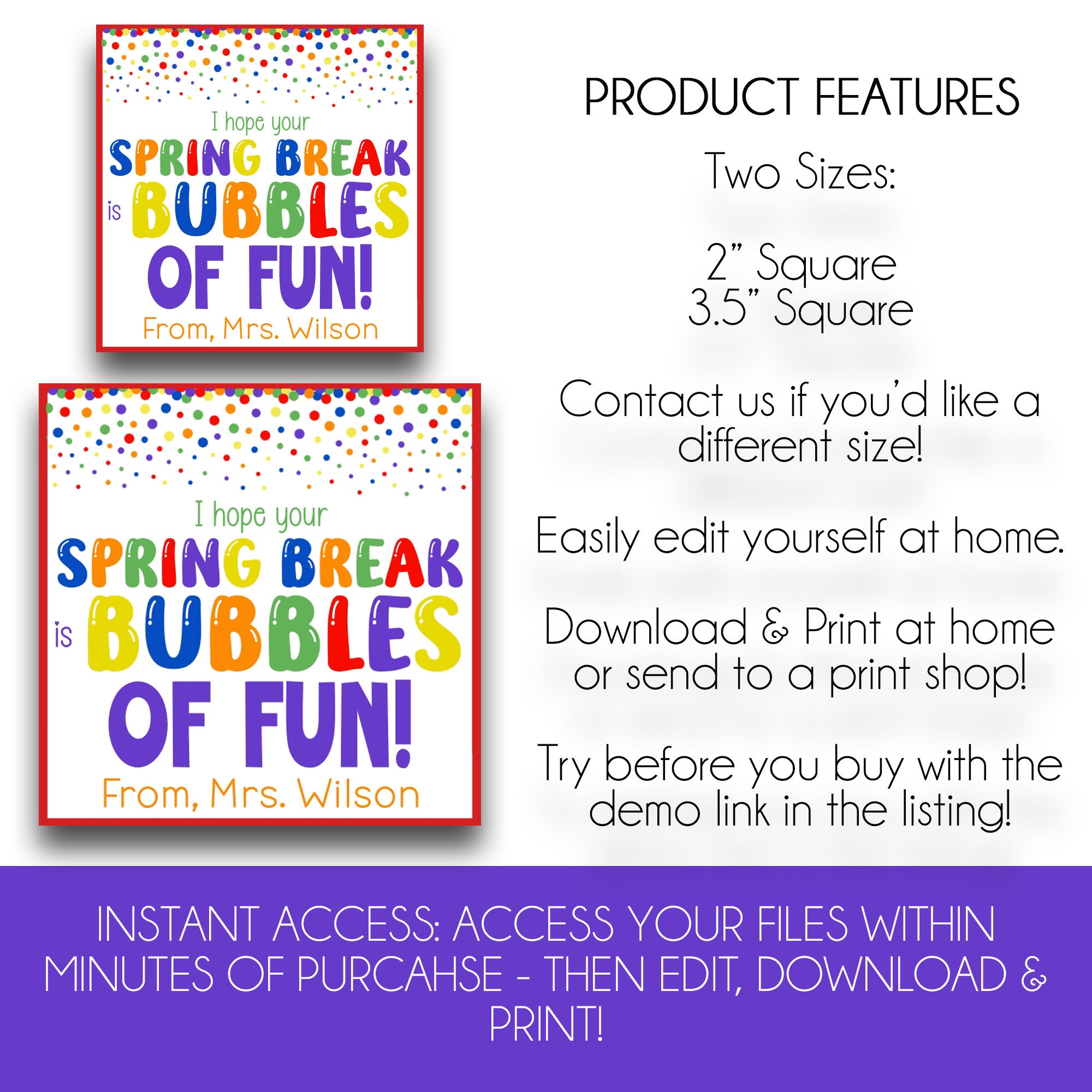 EDITABLE I Hope Your Spring Break is Bubbles of Fun Square Treat Bag ...