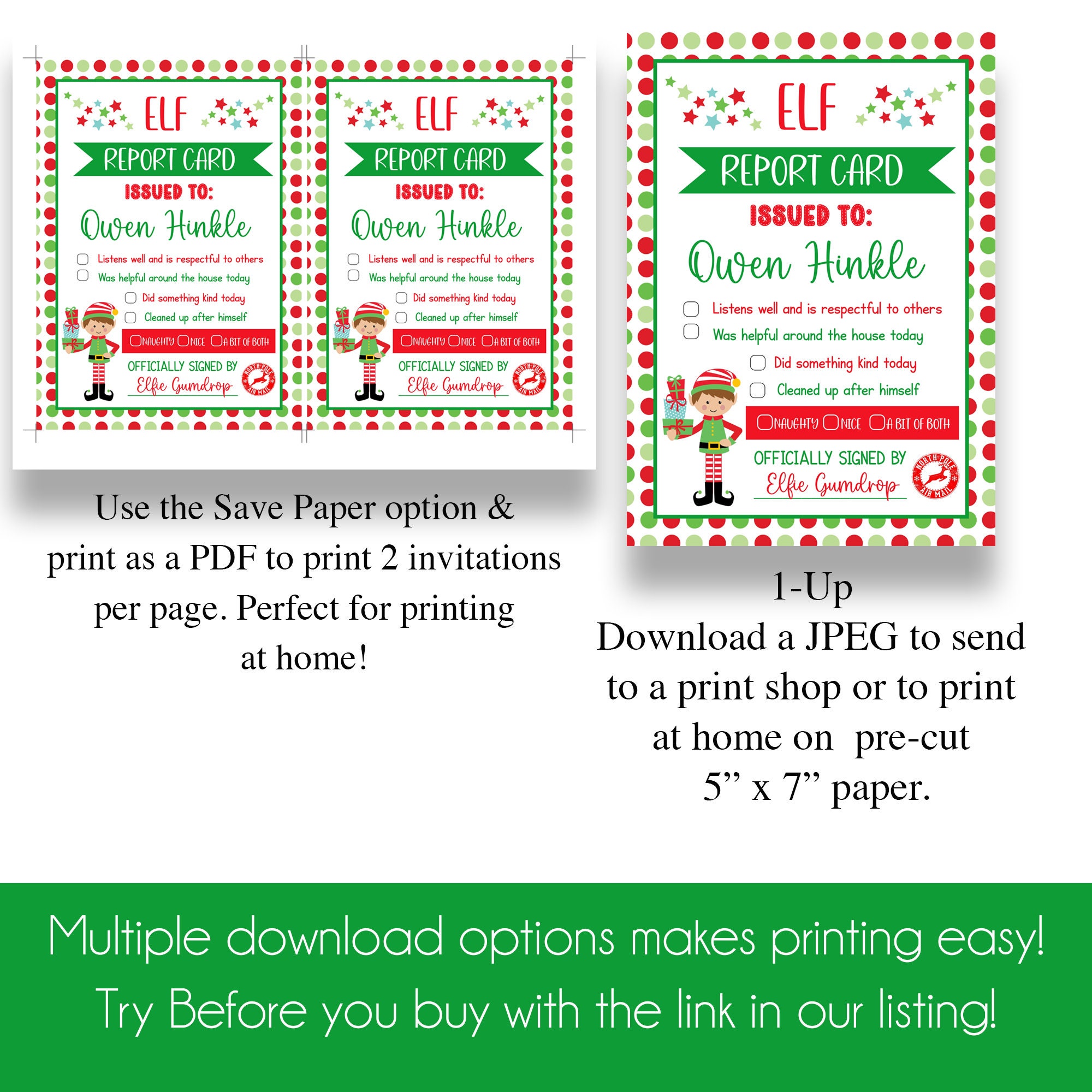 EDITABLE Boy Elf Report Card Printable Elf Report Card - Etsy