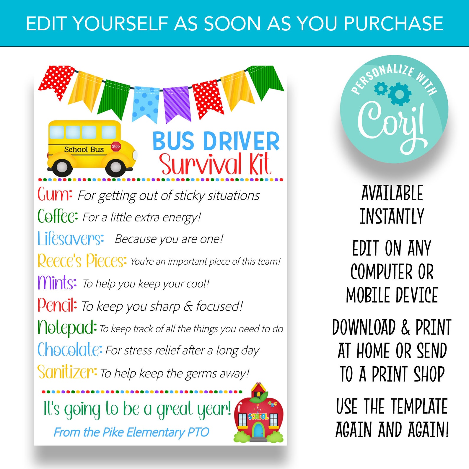 EDITABLE Bus Driver's Survival Kit Tag Back to School - Etsy