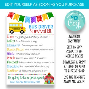 EDITABLE Bus Driver's Survival Kit Tag | Back to School Bus Driver Gift ...