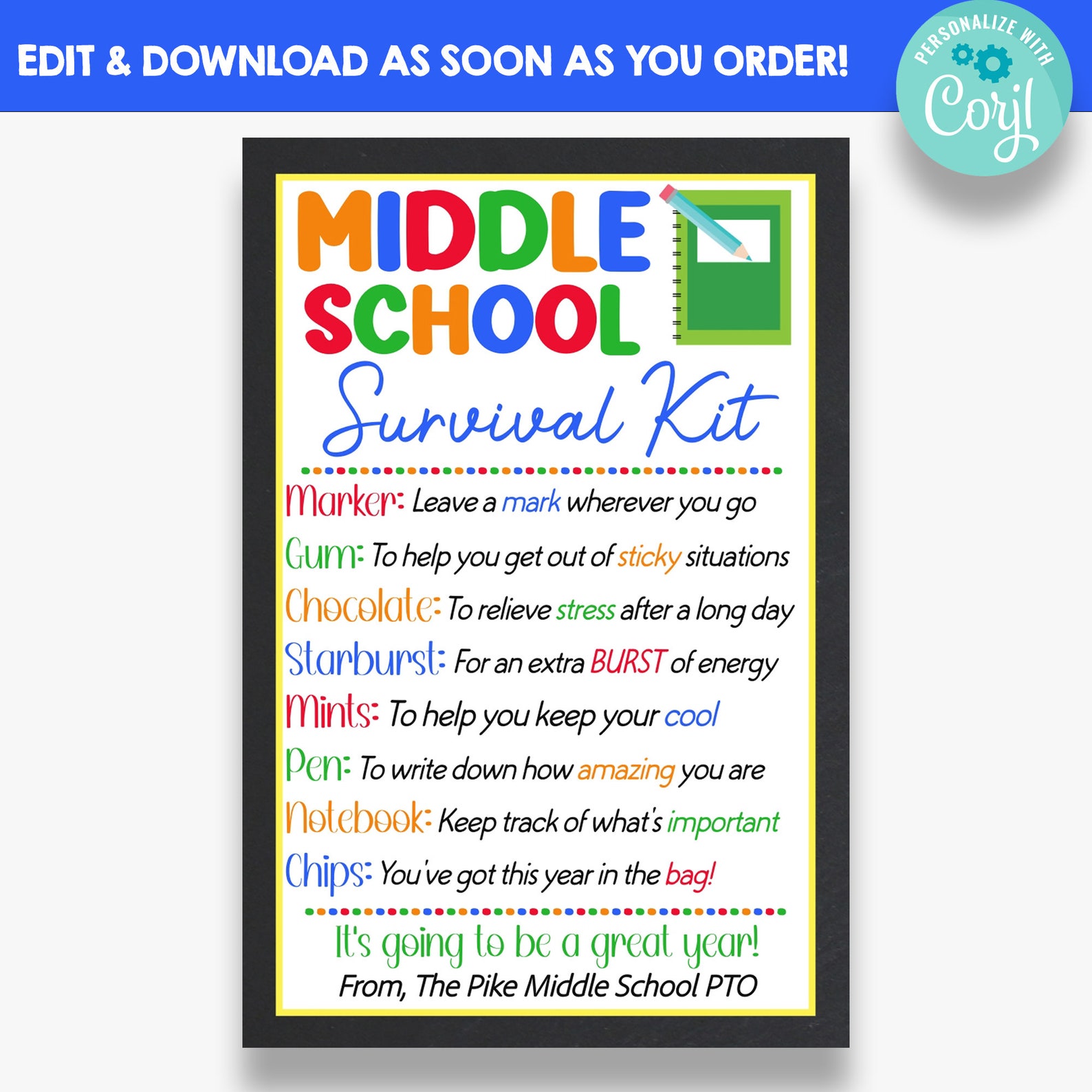 EDITABLE Middle School Survival Kit Gift Tags | Back to School Student ...