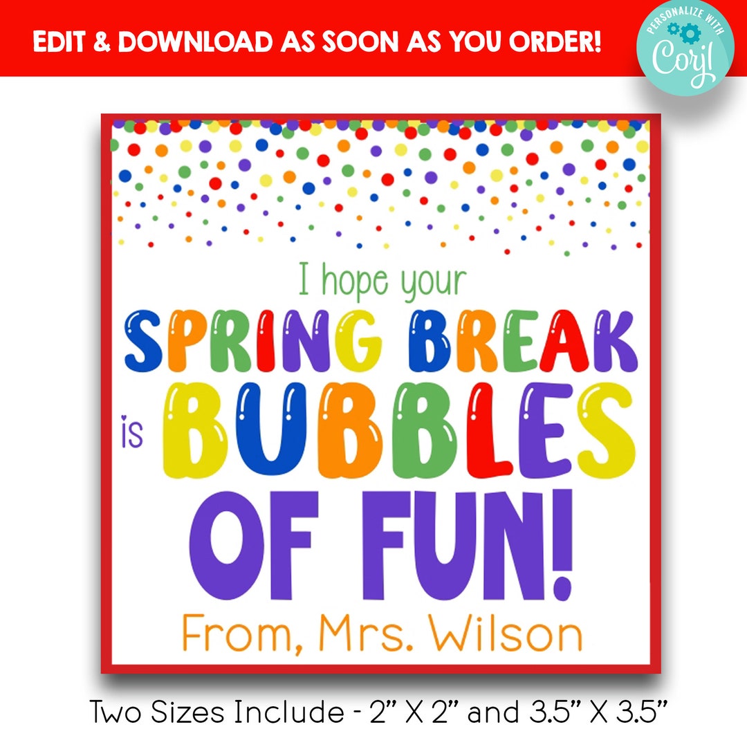 EDITABLE I Hope Your Spring Break is Bubbles of Fun Square Treat Bag ...