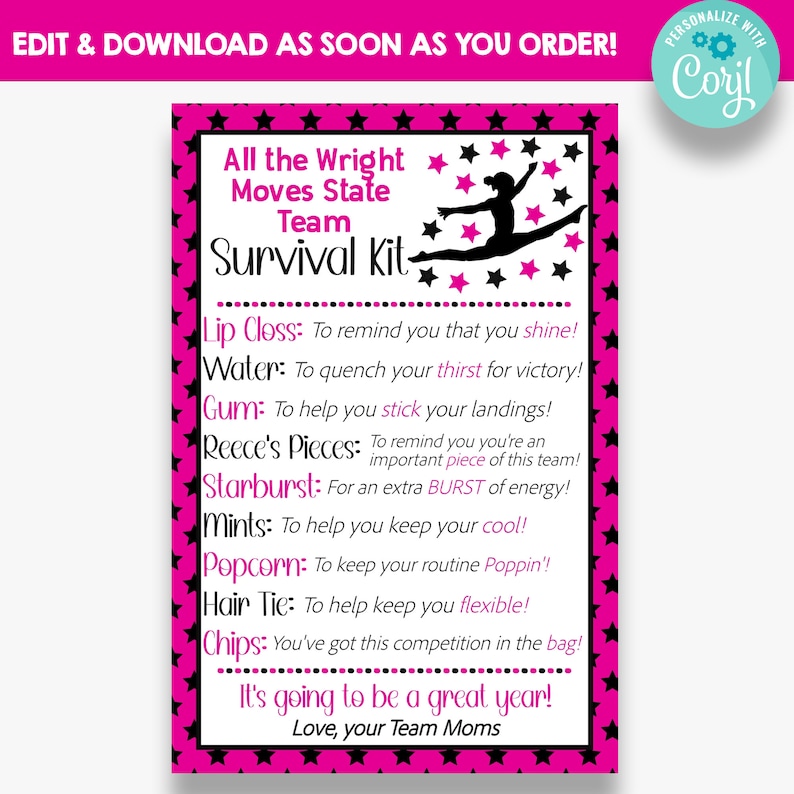EDITABLE Pink & Black Gymnastics Survival Kit Cards - Etsy