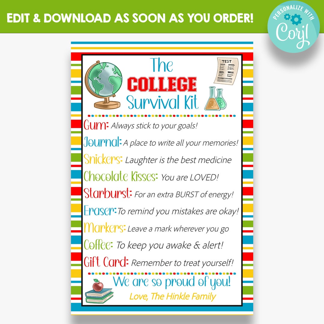 EDITABLE College Survival Kit Gift Tags | Printable Going Away to ...