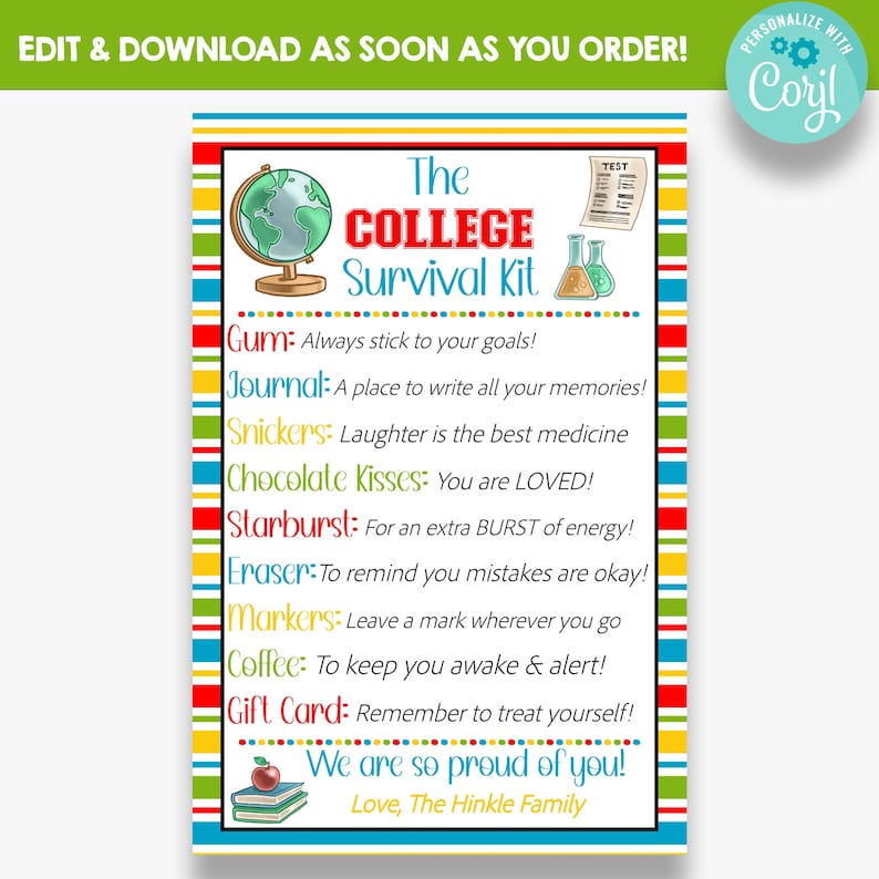 EDITABLE College Survival Kit Gift Tags | Printable Going Away to ...