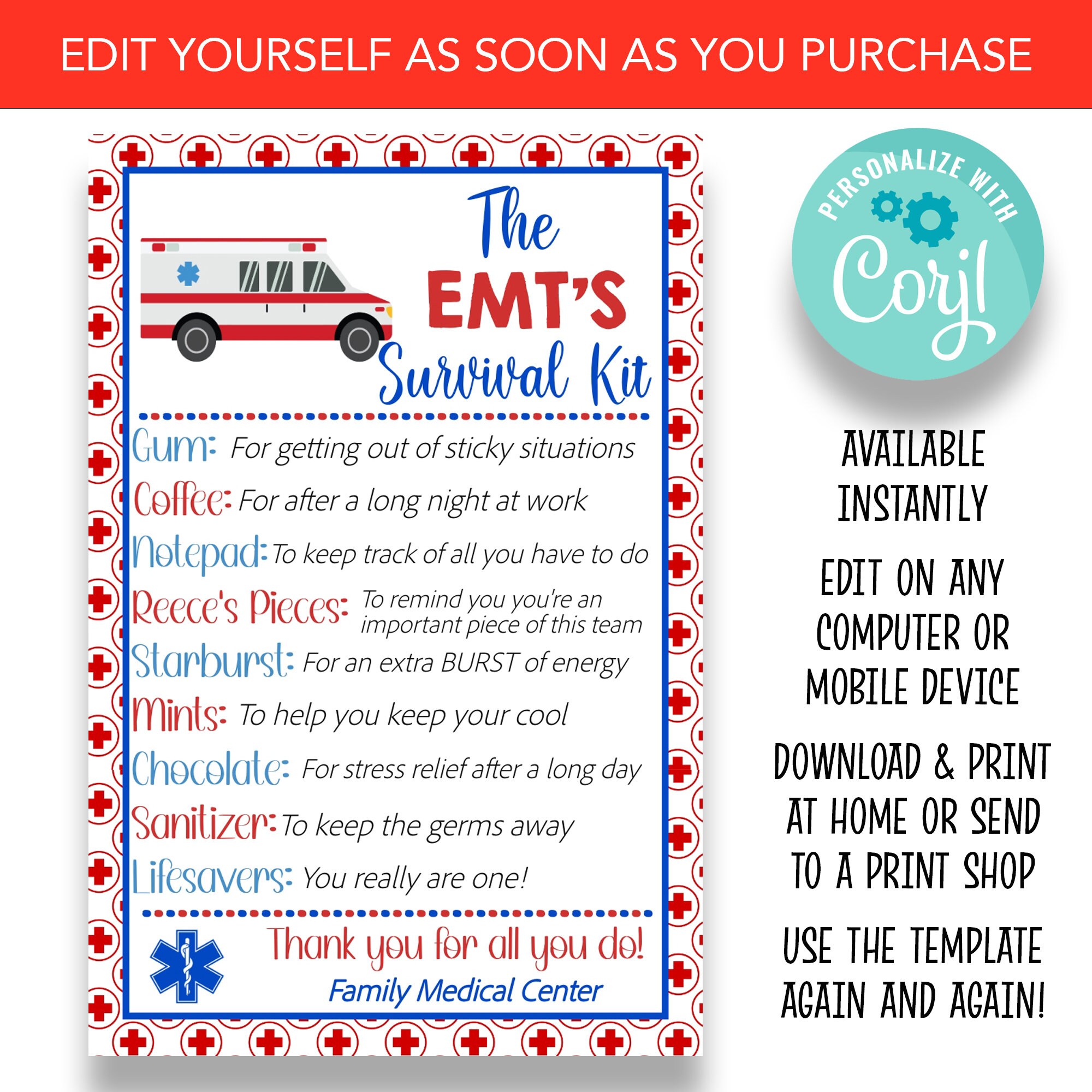 EDITABLE EMT'S Survival Kit Gift Tag EMT Thank You Gift - Etsy