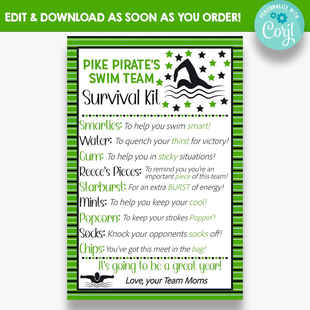 EDITABLE Black & Green Swim Team Survital Kit Gift Tags | Swim Team ...