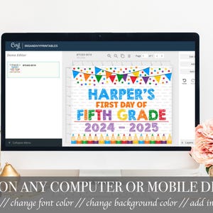 Editable Bright First Day of Fifth Grade First Day of School Sign ...