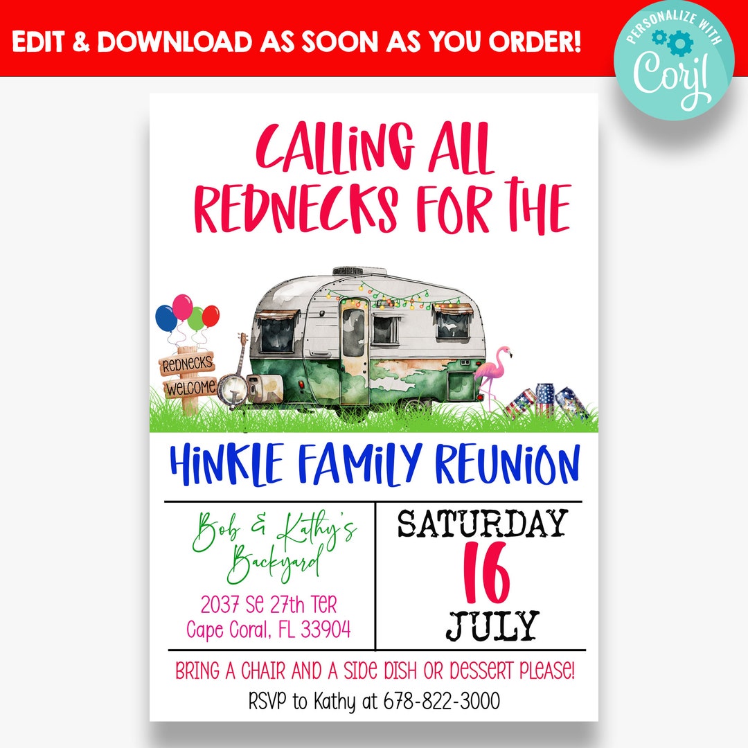 EDITABLE Redneck Family Reunion Invitation | Funny Family Vacation ...