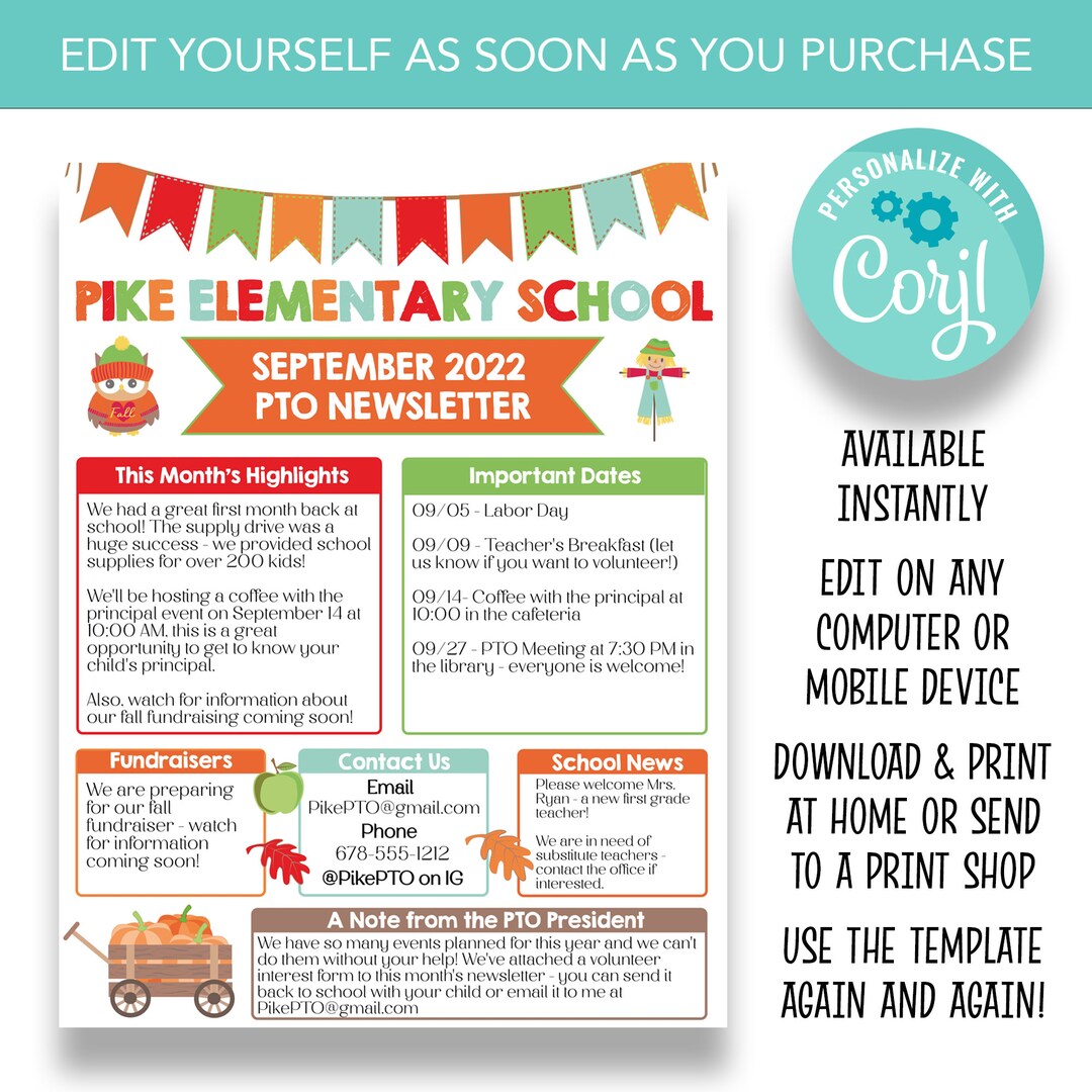 EDITABLE PTO School Newsletter | September PTA Newsletter Template ...