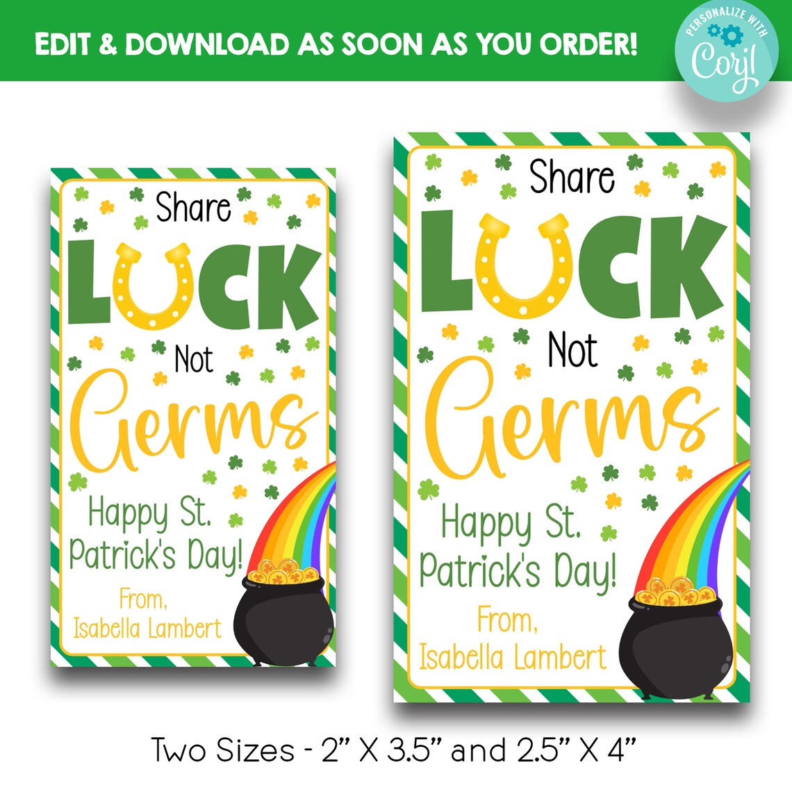 EDITABLE Share Luck Not Germs St. Patrick's Day Treat Bag Tags | Kid's ...