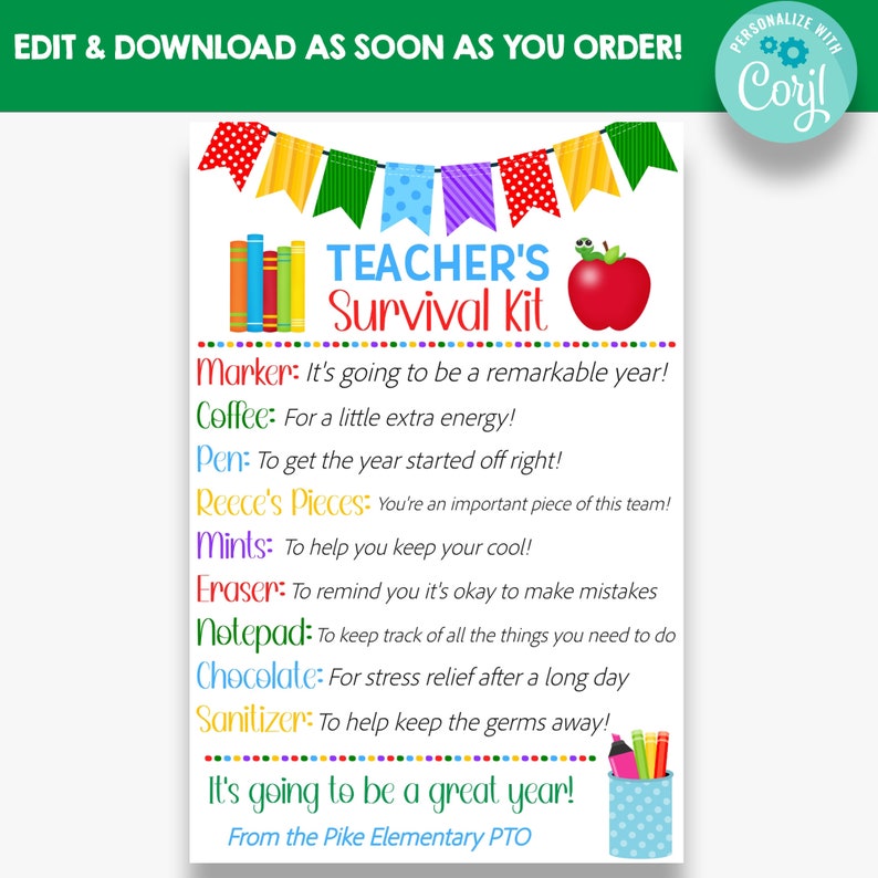 EDITABLE Teacher's Survival Kit Tag Back to School - Etsy