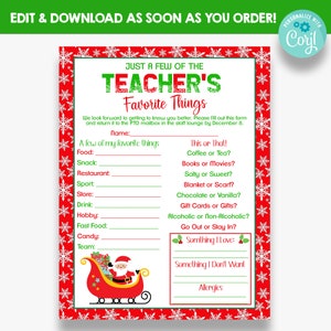 EDITABLE the Teacher's Favorite Things Christmas Questionnaire ...