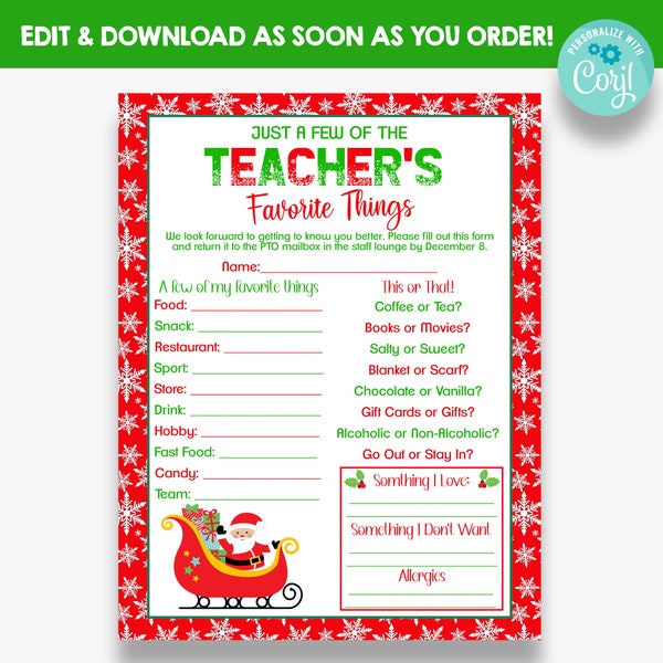Teacher Favorite Questionnaire Christmas - Etsy