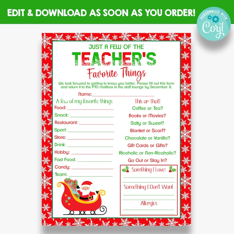 EDITABLE the Teacher's Favorite Things Christmas - Etsy