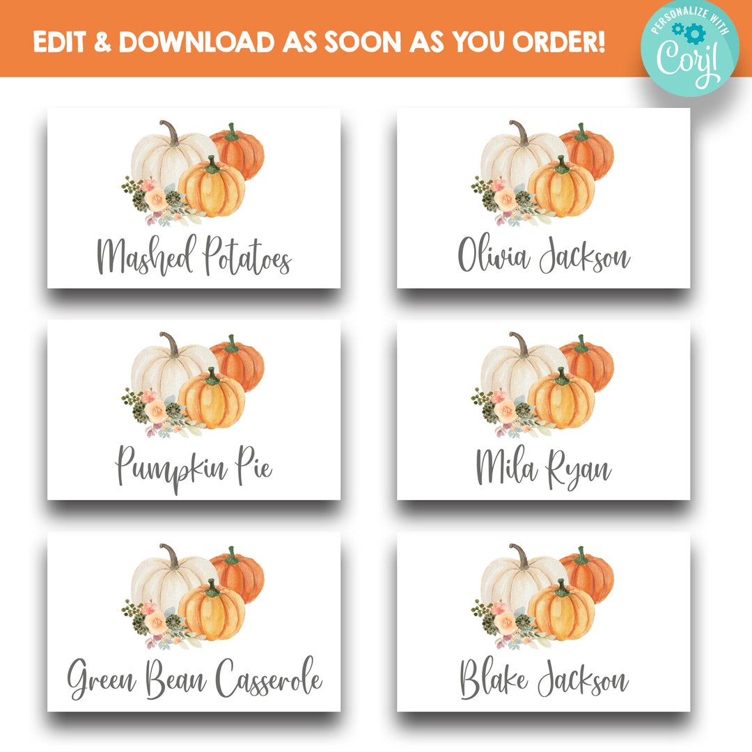 EDITABLE Thanksgiving Dinner Name Cards | Watercolor Pumpkin Food Tent ...