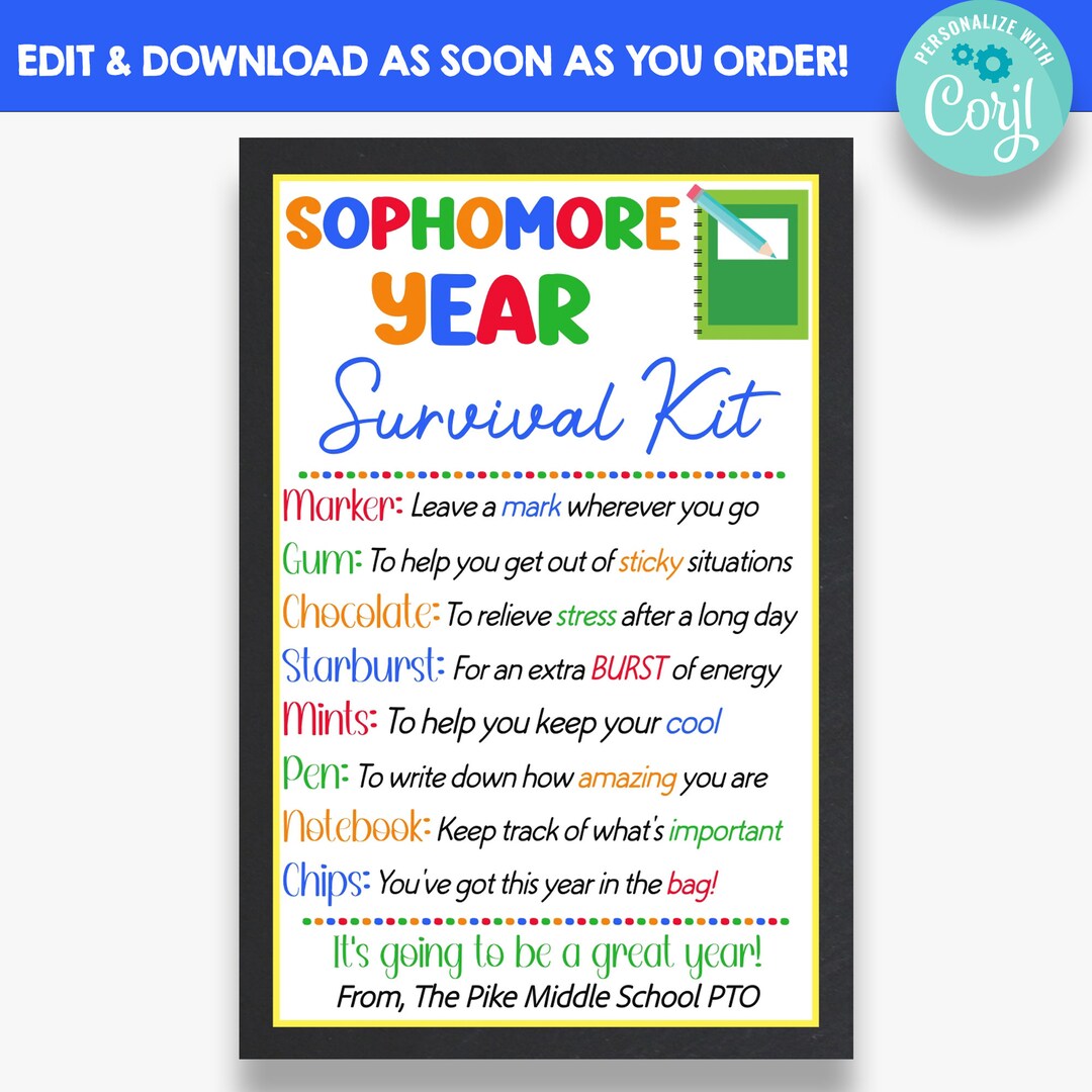 EDITABLE Sophomore Year Survival Kit Gift Tags | Back to School Student ...