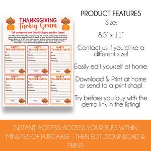 EDITABLE Thanksgiving Turkey Gram Flyer | Thanksgiving Candy Gram ...